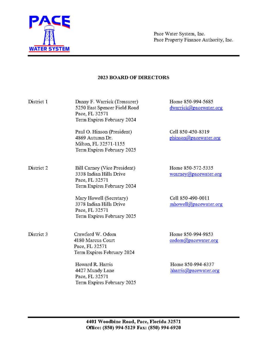Board Members | Pace Water System, Inc.